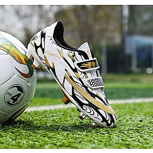 Fenlogft Kids Soccer Cleats Boys Girls Turf/FG/AG Athletic Football Shoes with Tape and Multiple Stud Types, Low-Top Leather Upper Sneakers (Gold Spike,1,Little Kid,Little_Kid)