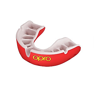 OPRO Gold Level Mouth Guard with Enhanced Breathability and Superior Comfort for Football, Rugby, Hockey, MMA, and Boxing - Dual Layer Protection Mouthpiece with Case, (Kid, Red/Pearl)