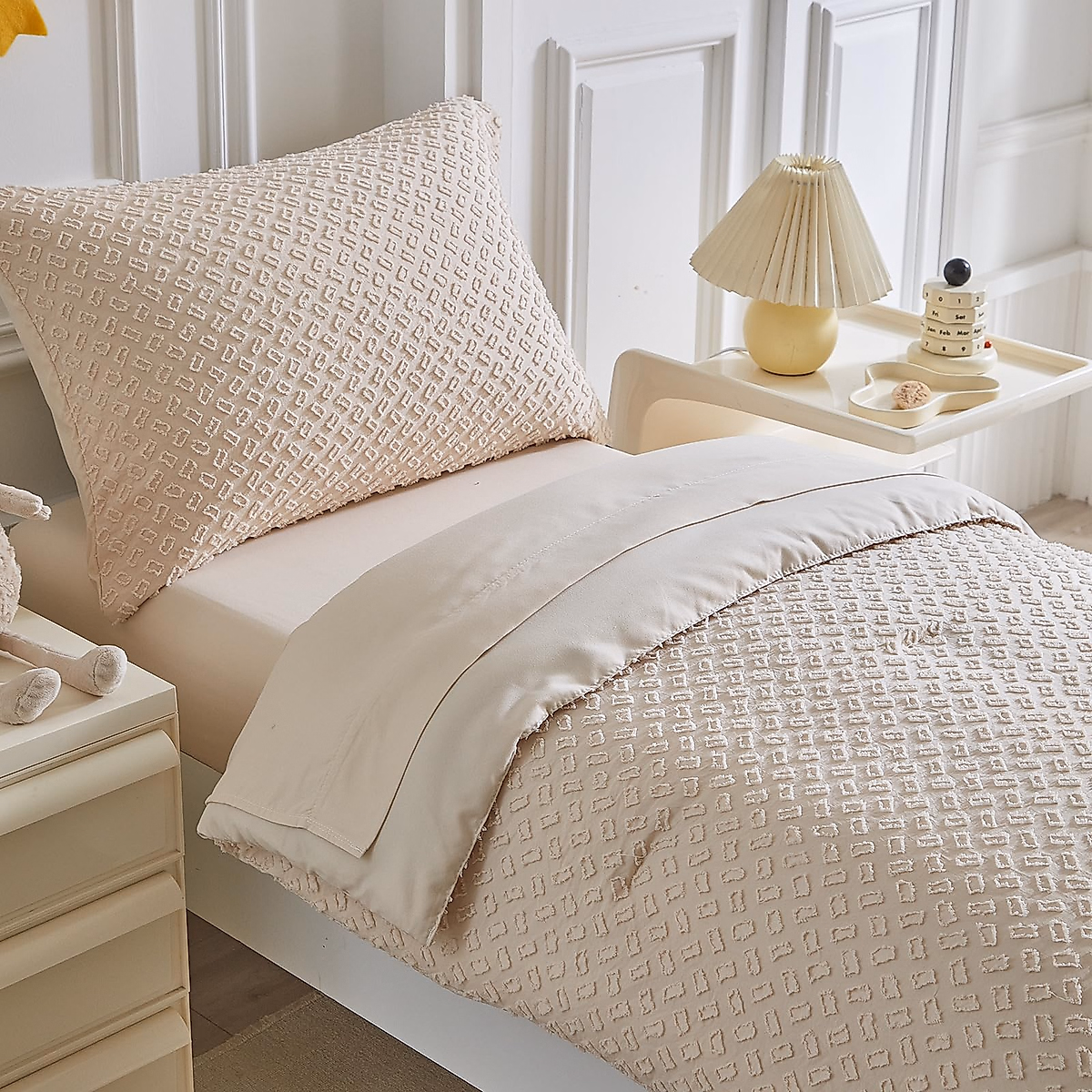 Cream Toddler Bedding Set 4 Pieces Tufted Boho Cubes Style - Includes Adorable Quilted Bohemian Comforter, Fitted Sheet, Top Sheet, and Pillow Case for Girls Boys Bed