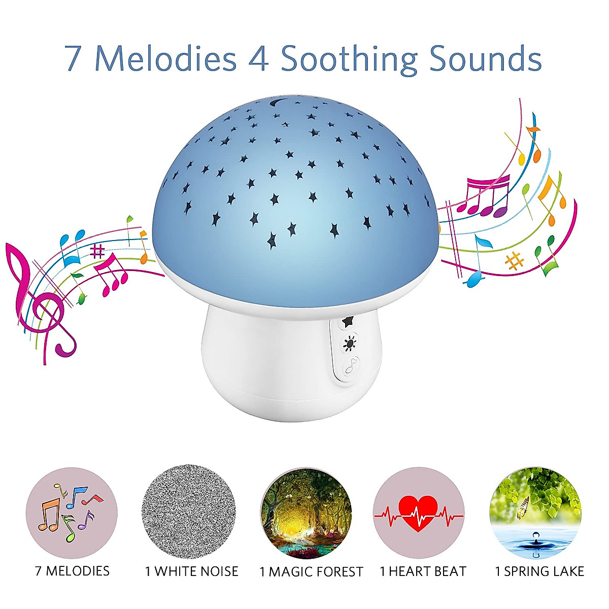 Baby Sleep Soother, Mushroom Baby White Noise Sound Machine with Moon and Star Projector, Portable Baby Sleep Aid Must Have Essentials for New Born, 4 Natural Soothing Sounds 7 Calming Melodies (Blue