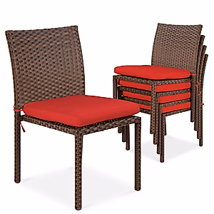 Best Choice Products Set of 4 Stackable Outdoor Patio Wicker Chairs w/Cushions, UV-Resistant Finish, and Steel Frame - Brown/Red