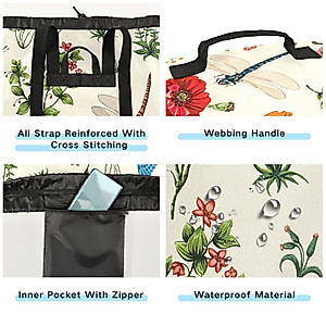 VIGTRO Spring Flowers Dragonflies Large Heavy Duty Laundry Backpack Hamper with Shoulder Strips and Drawstring, Summer Poppies Green Leaves Nylon Waterproof Laundry Bag Durable for Dorm Laundromat Travel