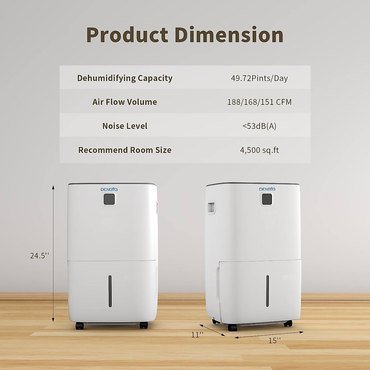 DENBIG 50 Pints Dehumidifier with Pump for Spaces up to 4,500 Sq. Ft at Home, with Washable, Reusable Air Filter, 2 Gal Water Tank, Drain Hose, for Large & Medium Rooms, Basement, Bedroom