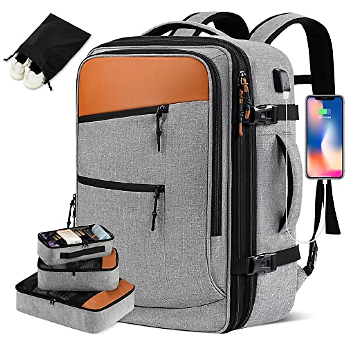 POWAITER Large Travel Backpack for Women Men Fits 17 Inch Laptop, Airline Approved Carry On Backpack with 4 Packing Cubes-Gray