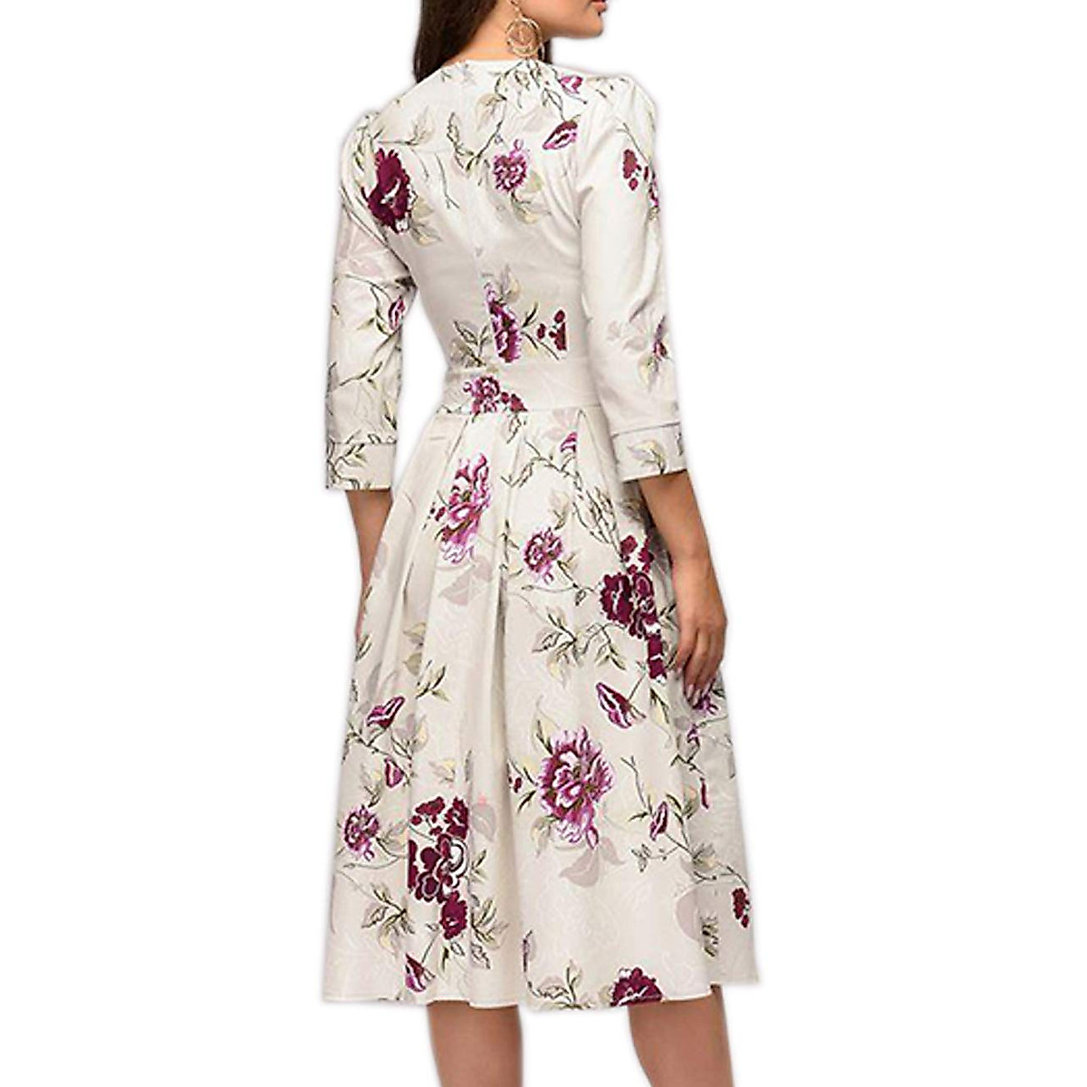 Simple Flavor Women's Floral Vintage Dress Elegant Autumn Midi Evening Dress 3/4 Sleeves (Beige, M)