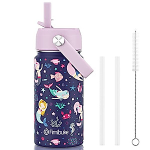 Fimibuke Metal Insulated Water Bottle - 14oz BPA-FREE 18/8 Stainless Steel Travel Tumbler Double Wall Vacuum Leak Proof Kids Cup with Straw for Kids, School Boys Girls(1 Pack, MERMAID)