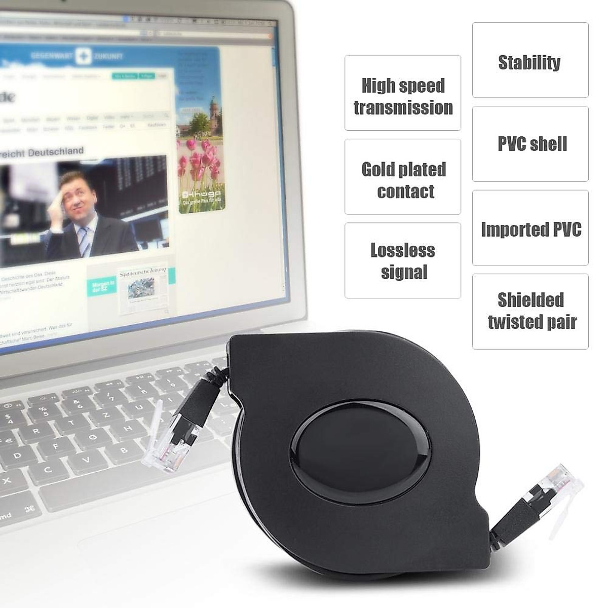 Adjustable Retractable Cat-6 10 Gigabit Ethernet Ultra Flat Retractable Cable Cat6 Ethernet Cable RJ45 Connectors for Travel, 1m / 3.3ft, 2m / 6.6ft Optional(6.6ft)