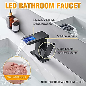 BESy LED Stainless Steel Waterfall Black Bathroom Faucet, Single Hole Bathroom Sink Faucet, 3 Colors Light Changing Single Handle Vanity Faucets with Supply Lines, Rv One Hole Faucet, Matte Black