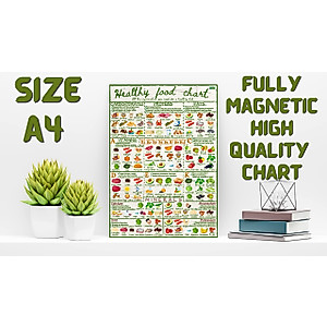 Healthy Food Chart Guide - Informative Nutrition Vitamins Minerals Magnetic Fridge Chart - Stylish Colourful Water Resistant Kitchen Guide Magnet