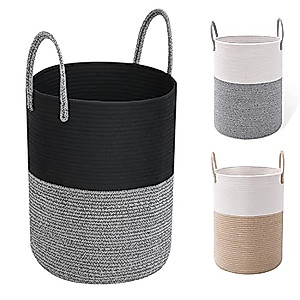 YanZhi Large Tall Cotton Rope Basket,58L Woven Laundry Baskets Storage Bins,Collapsible Thread Clothes Hamper with Durable Handles for Toys,Blanket,Pillows,Books,Baby Nursery & Home Organizer(black)
