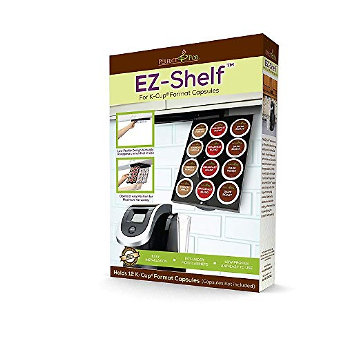 PERFECT POD EZ-Shelf Under Shelf Storage for K Cups, Coffee Holder Compatible with Keurig K Cup Coffee Pods, Space-Saving Under Counter Cabinet Coffee Pod Holder