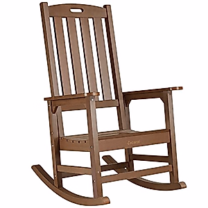 Cecarol Patio Oversized Rocking Chair Outdoor, Weather Resistant, Low Maintenance, High Back Front Porch Rocker Chairs 385lbs Support Poly Lumber Rocker, Wood-Like Plastic Chair, Coffee-PRC01