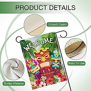 Hzppyz Welcome Summer Tiki Aloha Hibiscus Frangipani Flower Garden Flag, Tropical Hawaii Luau Coconut Tree Floral Decorative House Yard Outdoor Small Decor, Spring Home Outside Decoration 12x18