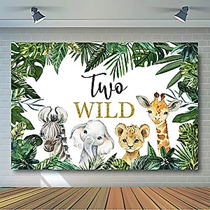 Avezano Two Wild Backdrop for Boy Birthday Party Jungle Safari Animals Zoo Green Leaves Photography Background Two Wild Boy 2nd Second Birthday Party Photoshoot Decoration Banner (7x5ft)
