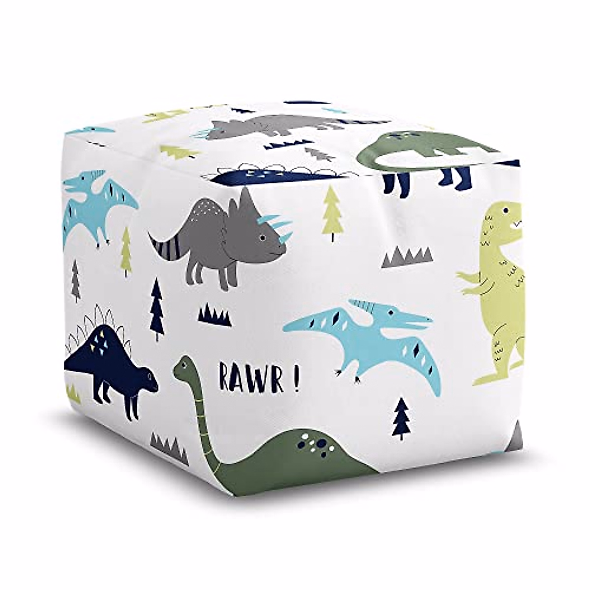 Sweet Jojo Designs Blue Green Modern Dinosaur Boy Ottoman Pouf Cover Unstuffed Poof Floor Footstool Square Cube Pouffe Storage Baby Nursery Kids Room Turquoise Navy Mod Dino Boho Bohemian Grey White