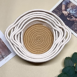 BSMstone 5-Piece Round Small Woven Baskets Set - 100% Natural Cotton Rope Baskets with HandlesKids Montessori Toys, Key Tray,Bowl for Entryway, Jewelry Remote Fruits Desk Home Decor…