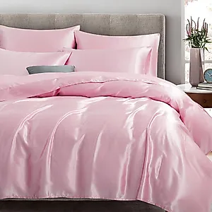 TREELY 4 Piece Satin Sheets Twin Size - Silky Smooth Pink Sheet Set With Deep Pocket, Fitted Sheet, Flat Sheet, 2 Pillowcases
