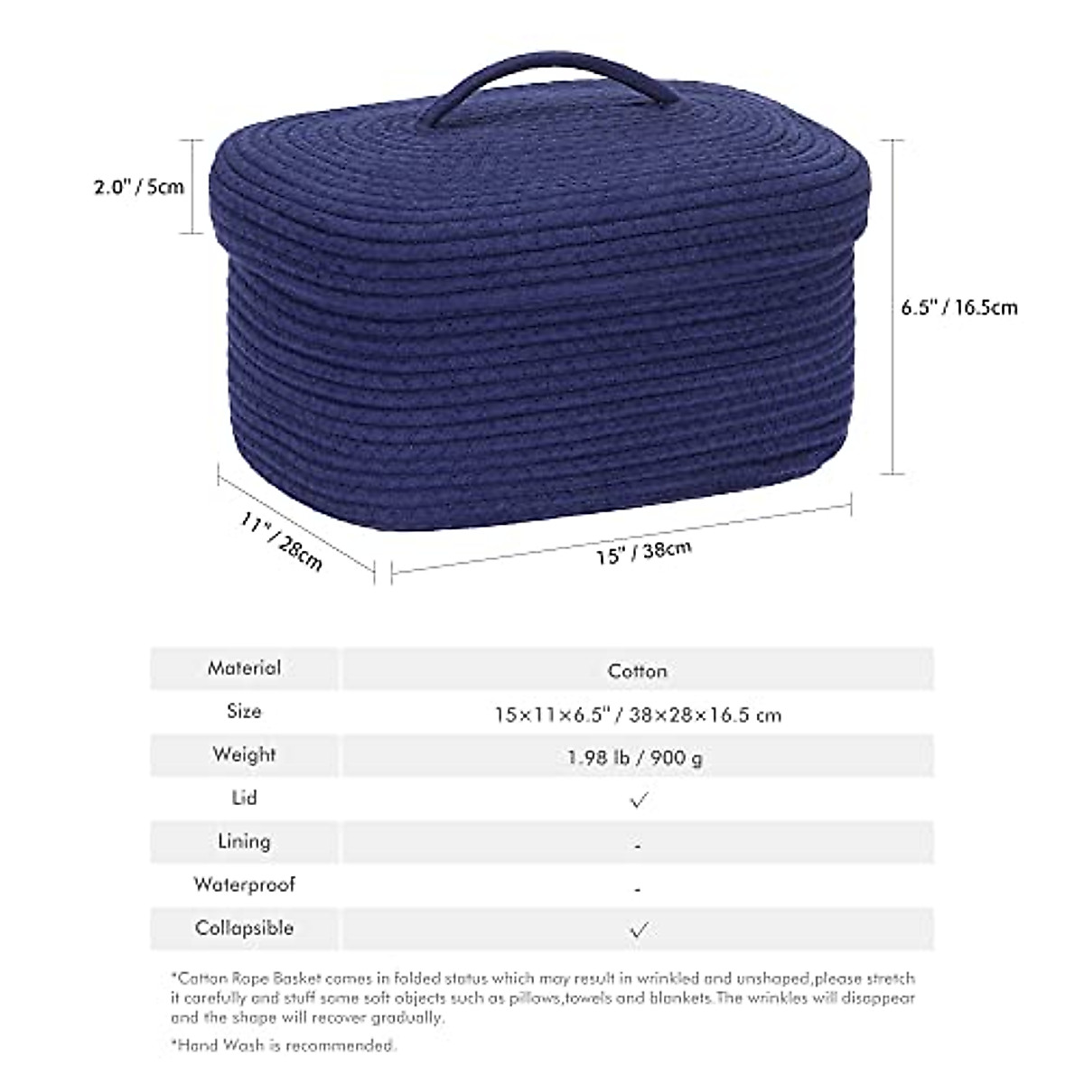 Sea Team Oval Cotton Rope Storage Basket with Lid, Lidded Woven Storage Bin, Nursery Storage Container, Diaper Caddy, Baby Shower Basket, Box, Organizer, 15 x 11 x 6.5 Inches (Medium, Navy Blue)