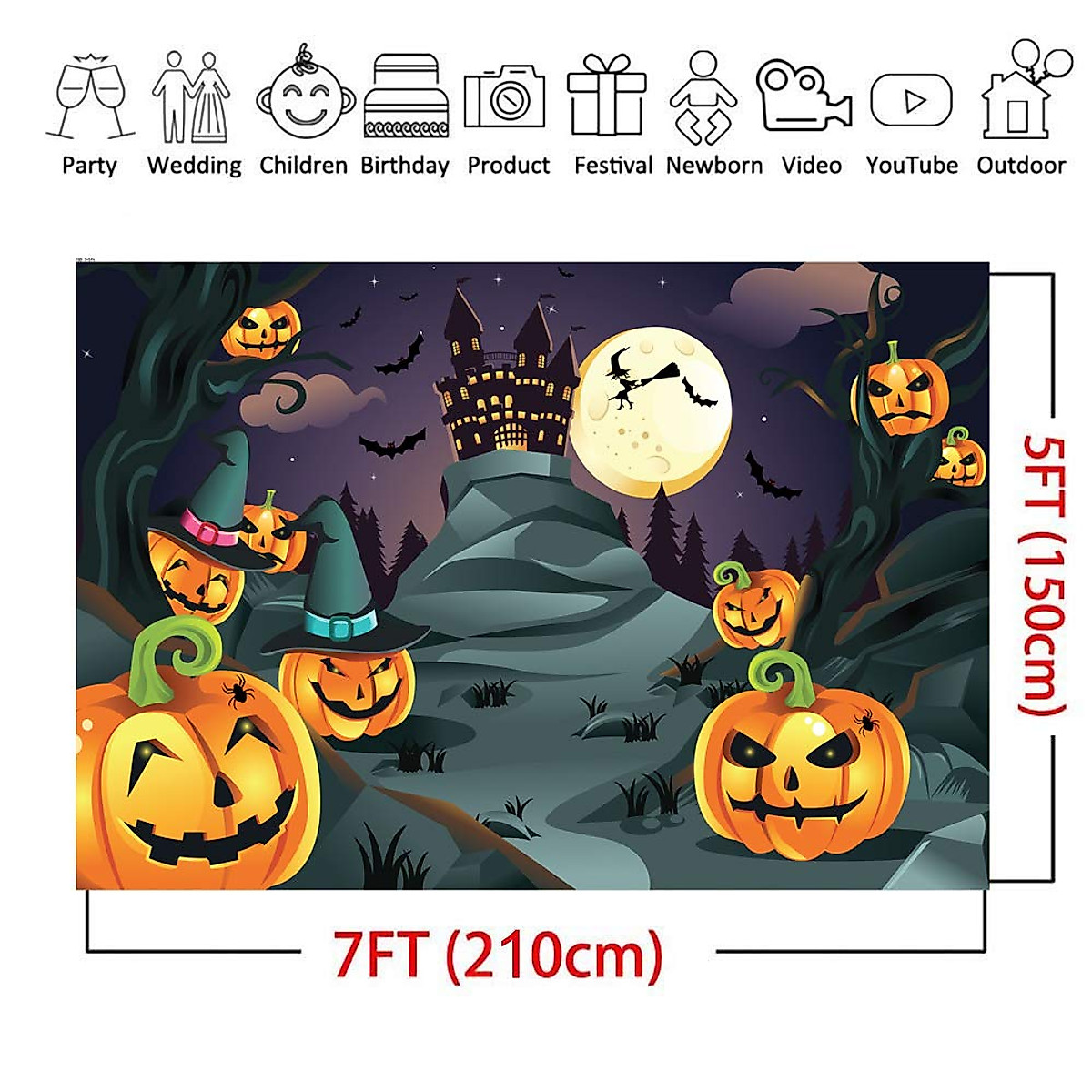 CYLYH 7x5ft Halloween Themed Photography Backdrop Castle Pumpkin Head Flying Bats Under Moonlight Background Photo Studio Props D188