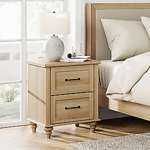 WAMPAT Night Stands for Bedrooms Set of 2 End Tables with Charging Station, 2 Drawer Nightstand Wooden Bedside Table, Farmhouse Side Table for Living Room, Oak