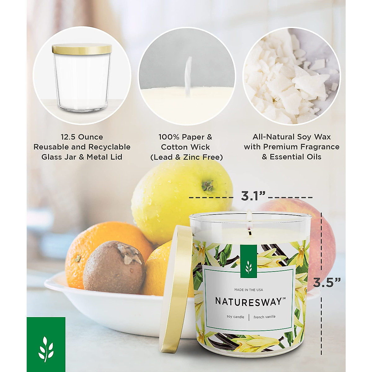 Stillwater Bath and Body™ Naturesway™ French Vanilla Odor Eliminating Scented Candle for Home - Non-Toxic, Long Lasting, All Natural Soy Wax Candle - 12.5 Ounce Jar with Lid - Hand Made in The USA