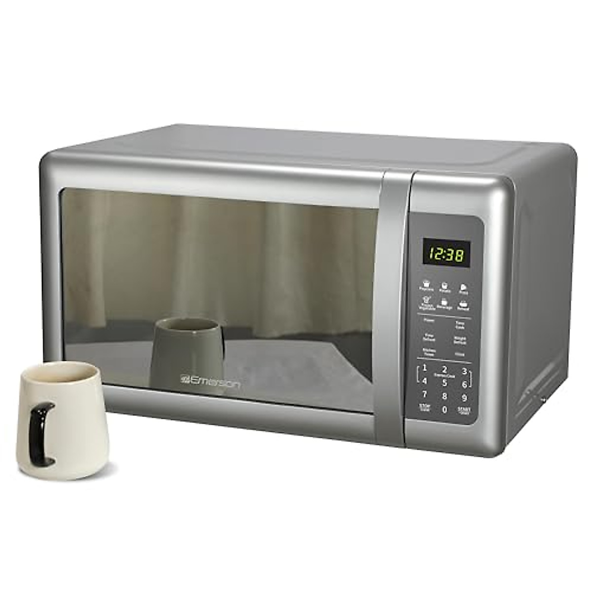 Emerson MW7601SL Compact Countertop Microwave Oven with Sleek Mirrored Finish Door 10 Power Levels, 6 Auto Menus, Glass Turntable and Child Safe Lock, 0.7 Cu. Ft, Silver