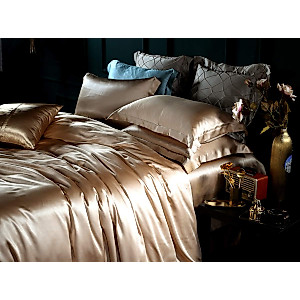 Orose 4Pcs 25MM Silk Duvet Cover Set 100% Seamless Silk Sheets Charmeuse Mulberry Silk Bedding Sheet Set (Bright Coffee, King)