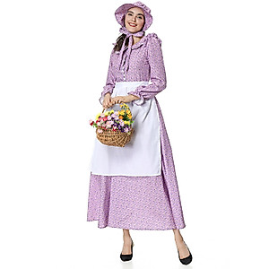 GRAJTCIN Pioneer Woman Costume Colonial Prairie Dress Women Floral Historical Costume Halloween Dress Up Long Sleeves Purple - Medium