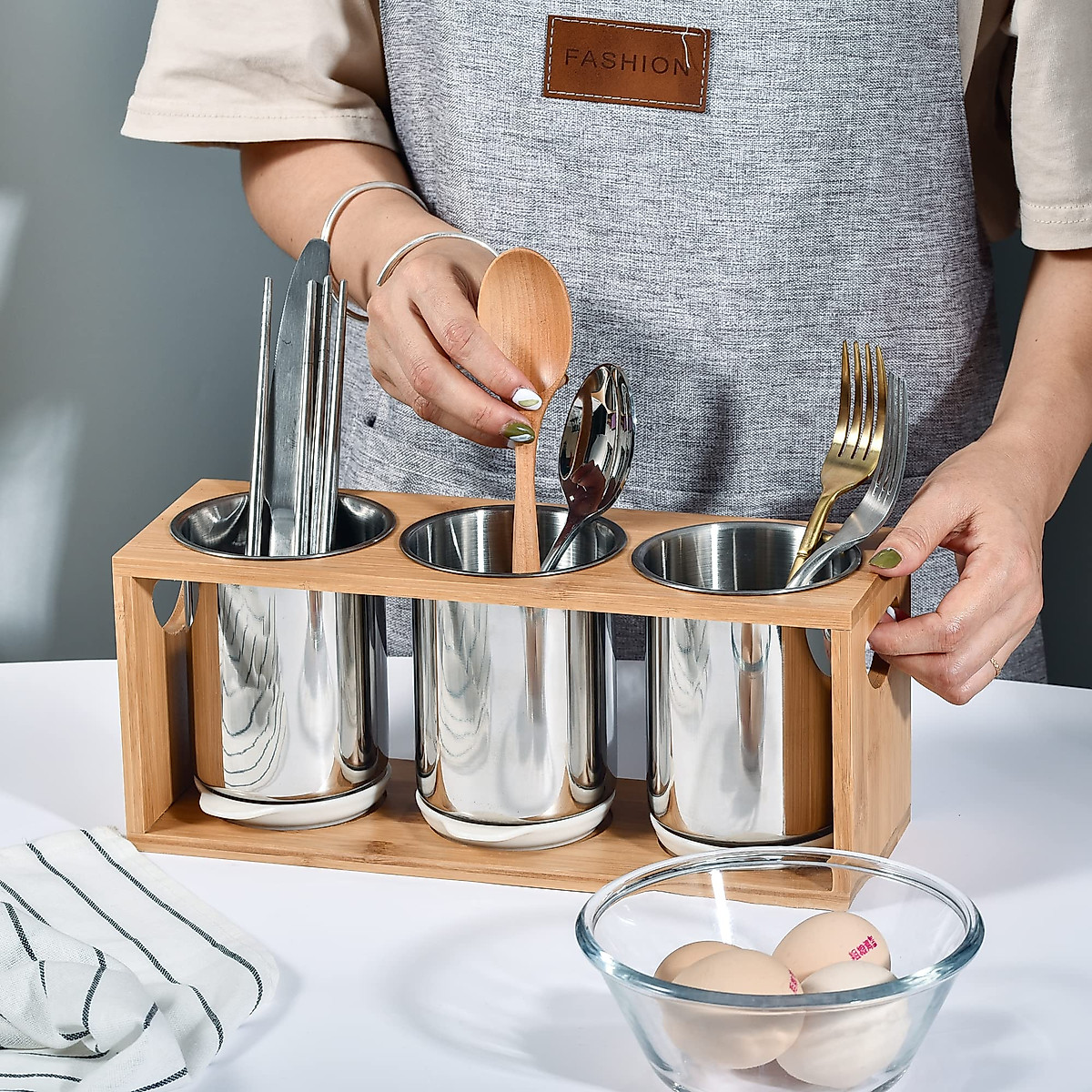 IMEEA Flatware Caddy Stainless Steel Silverware Caddy Kitchen Utensil Holder for Countertop Flatware Organizer Holder with Bamboo Base