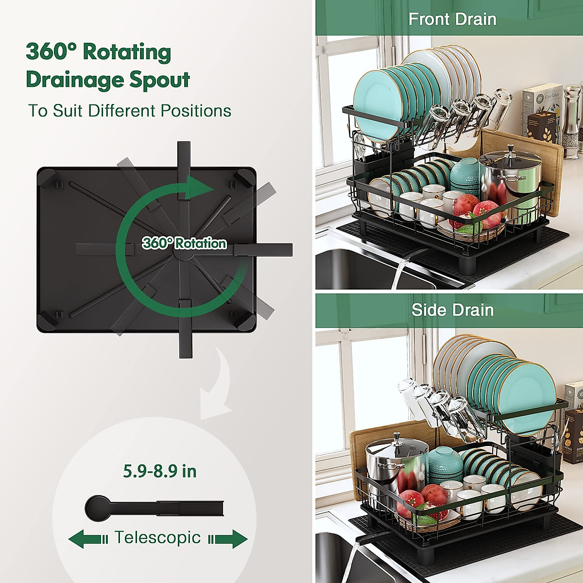 Qienrrae Dish Drying Rack for Kitchen Counter, 2 Tier Dish Racks with Drainboard Set, Detachable Large Dish Drainer with Utensils Holder, Large Dish Strainers with Extra Drying Mat, Black