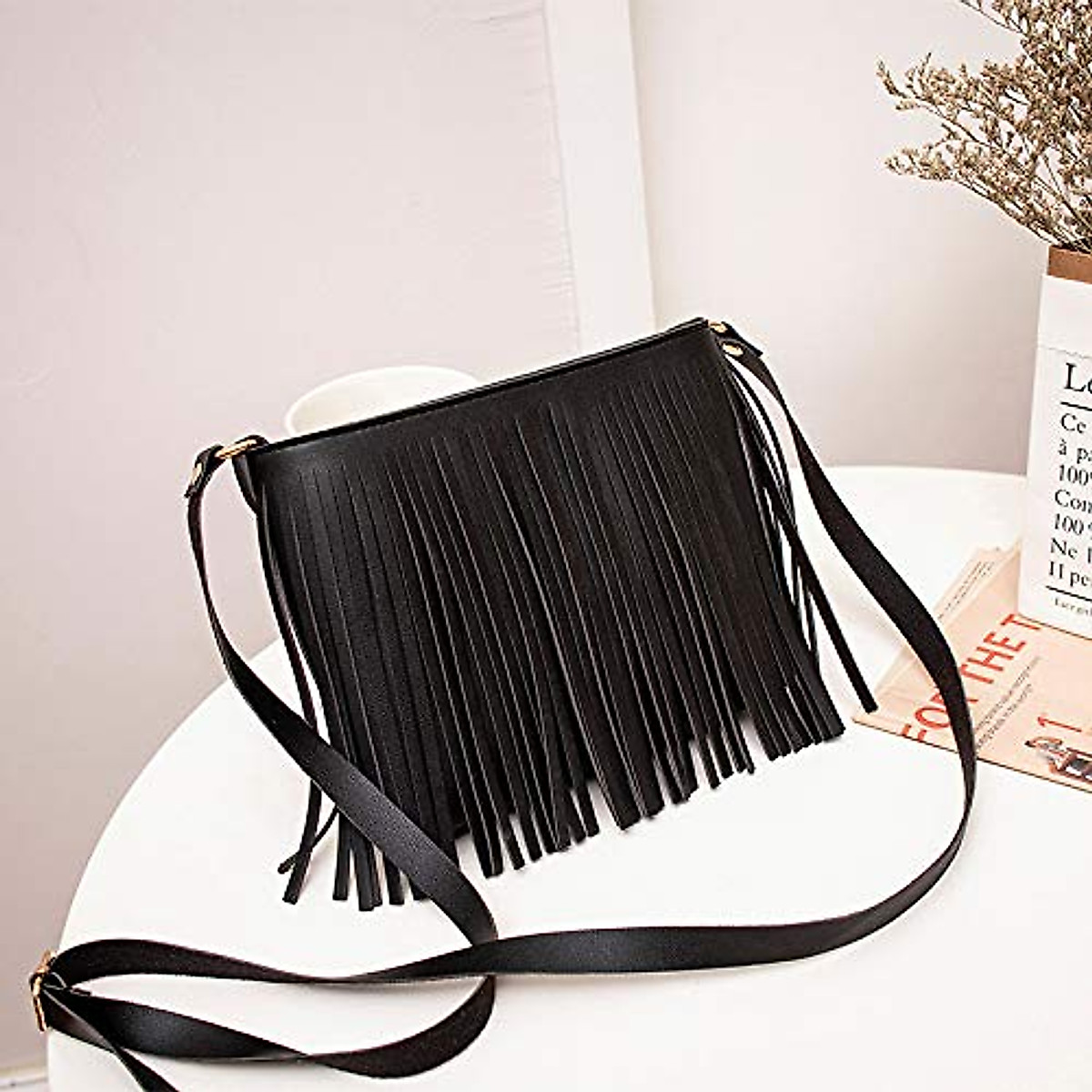 Moudozsdi Lightweight Tassel PU Leather Crossbody Bag with Purse for Women Shoulder Bag (Black)
