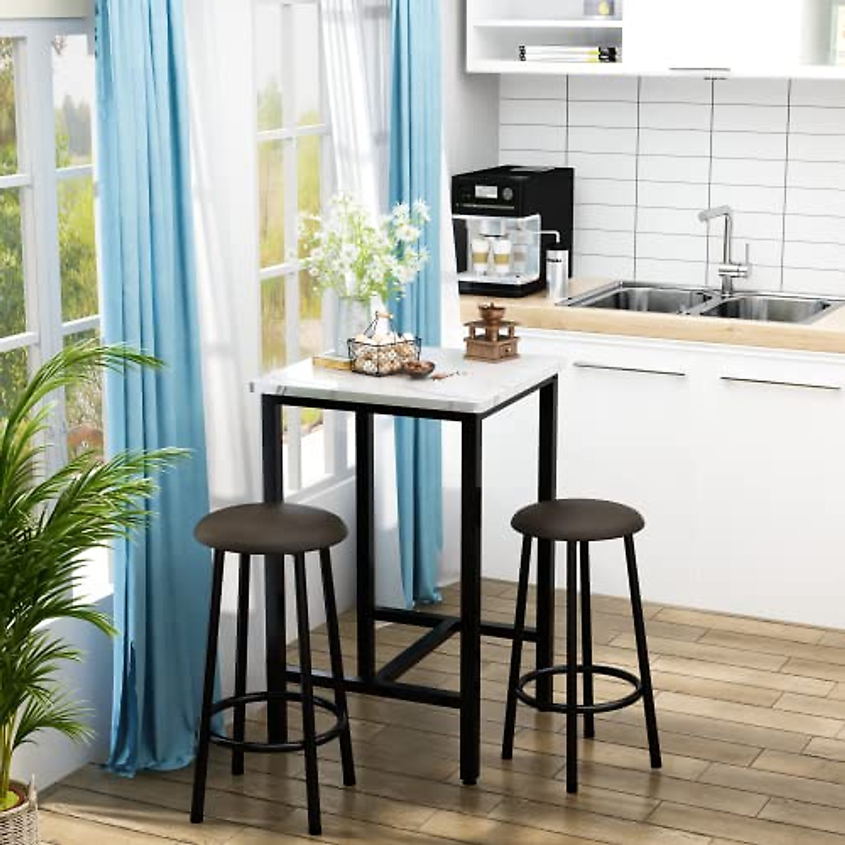 DKLGG 3-Piece Bar Table Set, 24" Square Counter Height Pub Table Dining Table Set with PU Leather Stools, Small Kitchen Table Bar Table and Chairs Set for Living Room, Kitchen, Small Space