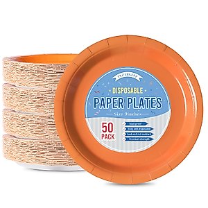 Tyzarglef Disposable Paper Plates Orange, 50 Count 9” Dinner Plates Bulk for Party Supplies, Colored and Sturdy Party Plates for Birthday, Halloween, Baby shower, Thanksgiving Party Supplies