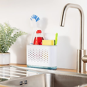 Minky Homecare Slimline Caddy, Sponge Holder for Kitchen, Slim Design Fits Anywhere Sink Organizer with Brush Compartment, Removable Tray, Drainage Spout-Made in UK, One Size, White