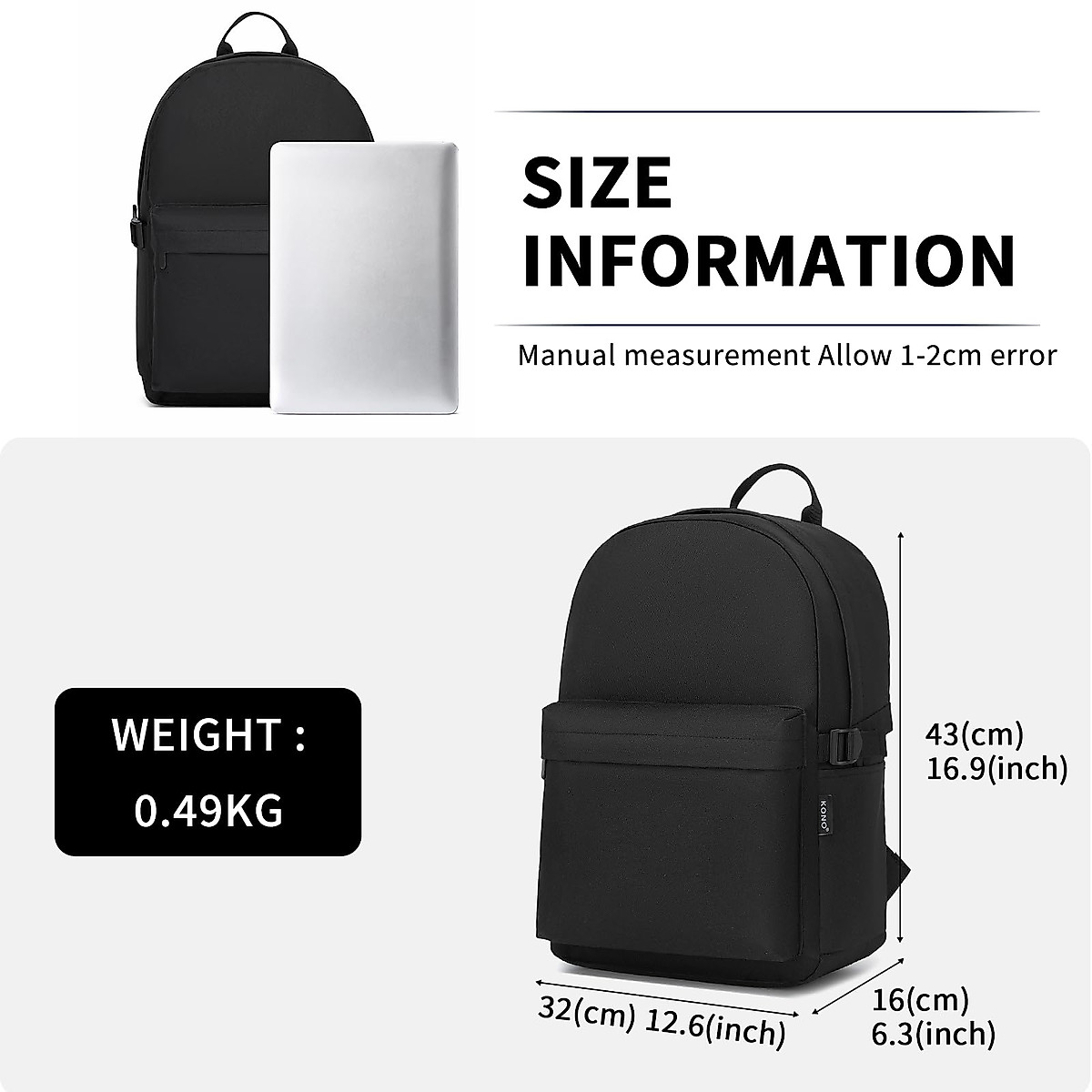 Kono School Backpack College Rucksack Lightweight School Bag Water Resistant Stylish Casual Daypack College Travel Business Work Bag for Men Women Boys and Girls fits 15.4 Inch Laptop (Black)