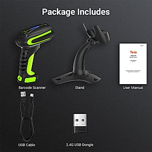 Tera Barcode Scanner Wireless 2D QR with Stand: Pro Version Battery Level Indicator 2500mAh Industrial Grade Bar Code Reader Works with Bluetooth 2.4G for Windows Mac Android iOS 8100 Pro Green