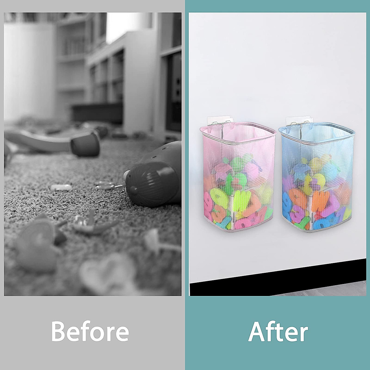 Linkidea 2 Packs Bath Toy Storage Organizer, Hanging Mesh Bathtub Toy Holder Basket with Adhesive Hooks, Shower Caddy for Kids Toddlers Bathroom Car Toy (Blue & Pink)