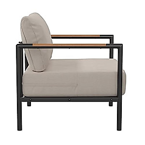 Flash Furniture Modern Patio Chair With Cushions - Contemporary Black Frame and Teak Accented Arms - Beige Cushions - Zippered Removable Covers