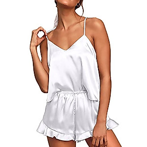 CHYRII Women's Sexy Cami Pajamas Sets Silk 2 PCS Lounge Sets with Ruffled Shorts Sleepwear White S