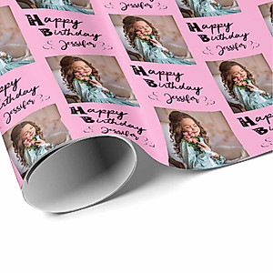 MyPupSocks Personalized Photo Wrapping Paper, Happy Birthday with Name Photo Pink Custom Gift Wrapping Paper with Picture for Teens Women Men Mom Dad Birthday Wedding Anniversary 58x23 2 Rolls