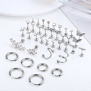 Jstyle 20G Stainless Steel Stud Earrings for Women Men Star Moon Heart CZ Flat Back Earrings Set Cartilage Earrings Hoop Small Flatback Earrings Stud Tragus Helix Daith Piercing Jewelry Silver Tone