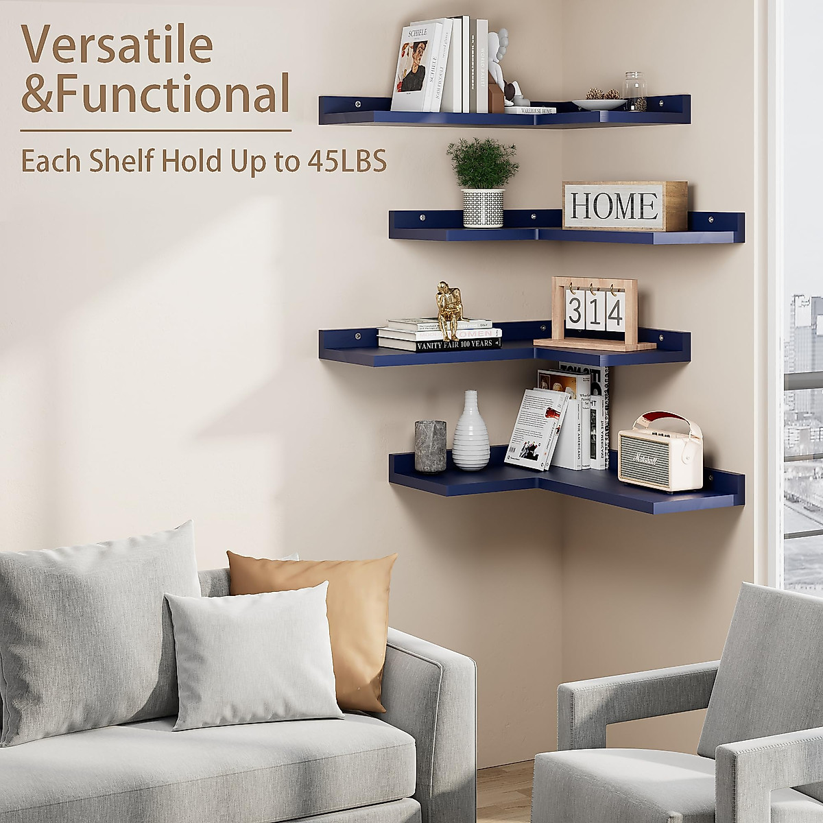 Navy Blue Floating Corner Shelves Set of 4 for Elegant Home Storage