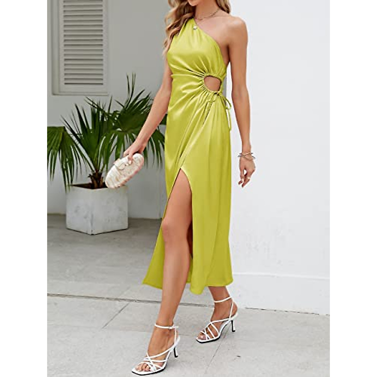 MEROKEETY Summer Dress for Women 2023 Satin One Shoulder Sleeveless Wedding Guest Maxi Dress,Olive,M