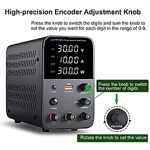 DC Power Supply Variable, Bench Power Supply with Output Switch, Short Circuit Alarm, Adjustable Switching Regulated Power Supply 30V 10A with 4-Digits LED Power Display, USB Quick-Charge Interface