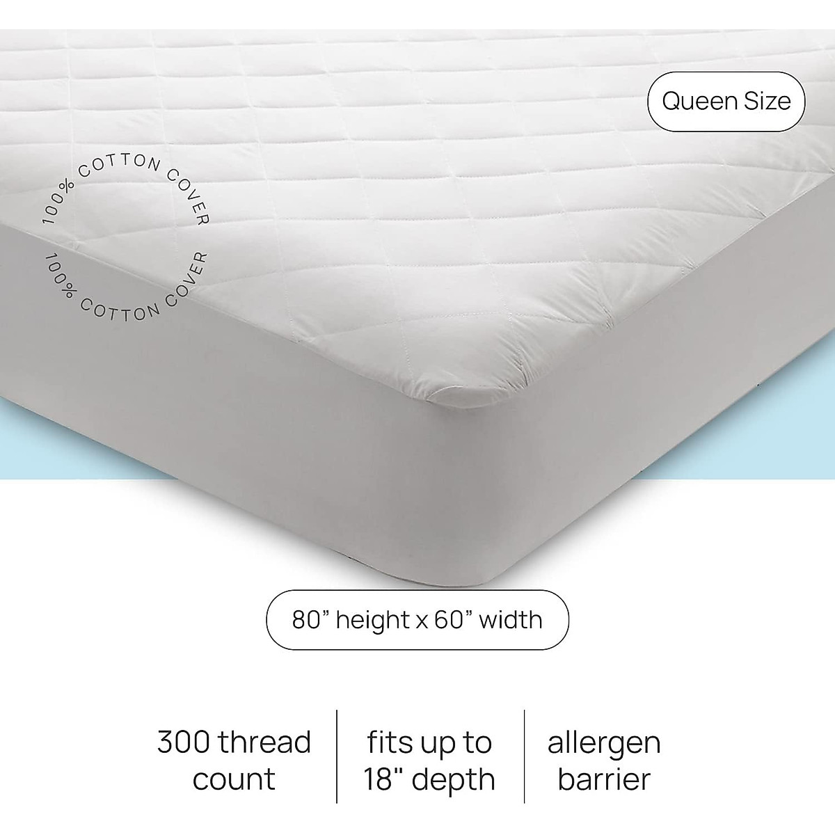 East Coast Queen Size Fitted Mattress Pad Protector - Breathable Quilted Soft Cotton Mattress Pad Cover Bedding Topper Protection, Moisture Resistant, 300 Thread Ct 18 Inch Deep Machine Washable