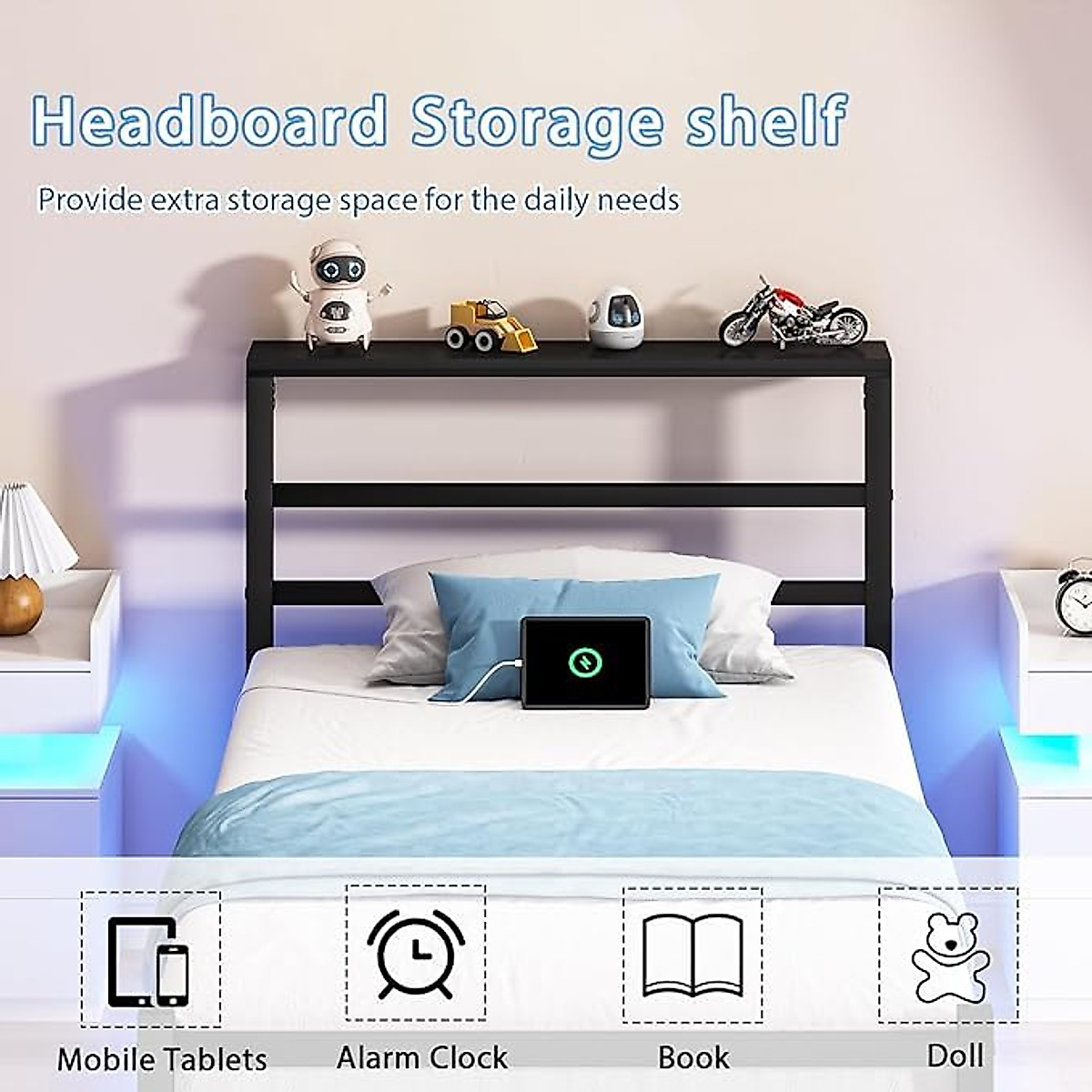 REVOMINCA Twin Bed Frame with Charging Station, Metal Platform Bed Frame with LED Lights, Storage Headboard, Heavy Duty Steel Slats, No Noise, Easy Assembly