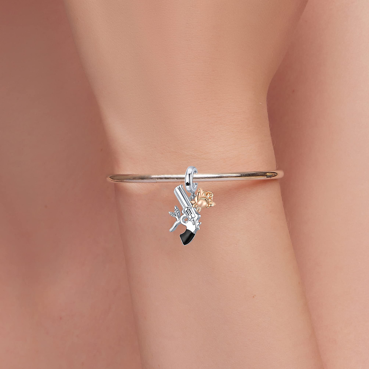 MUNDELL Authentic 925 Sterling Silver Pistol with Rose Charm for Original Silver Bracelet or Bangle Jewelry Make Pendants