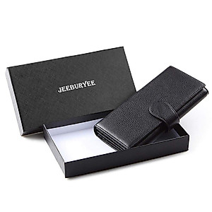 JEEBURYEE Womens RFID Blocking Genuine Leather Clutch Wallet Card Holder Ladies Long Purse Large Capacity Organizer Wallet Black