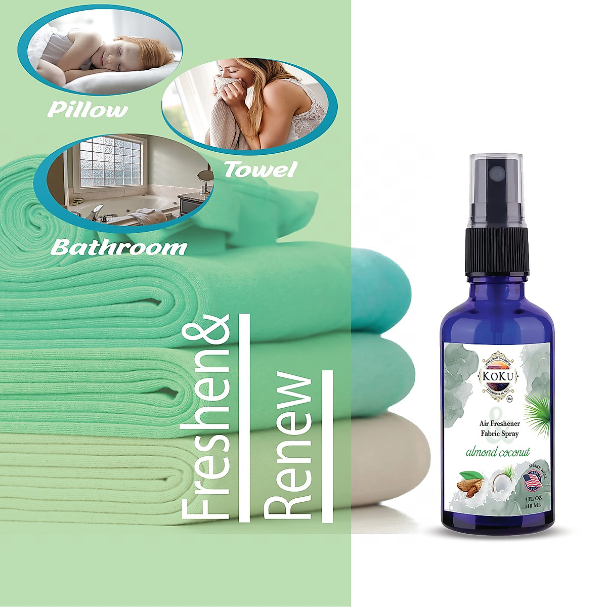 Almond Coconut Air Freshener - Room Spray - Odor Eliminator - Deodorizer - Car Air Freshener - Home Spray - Linen Spray - Fabric Refresher - Non-Toxic - Alcohol Free – Made in USA (4 Oz)