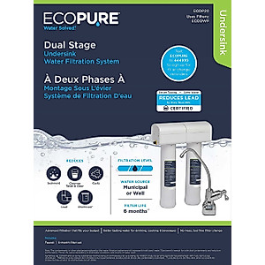 EcoPure ECOP20 Dual Stage Undersink Water Filtration System, 1 Count (Pack of 1), White